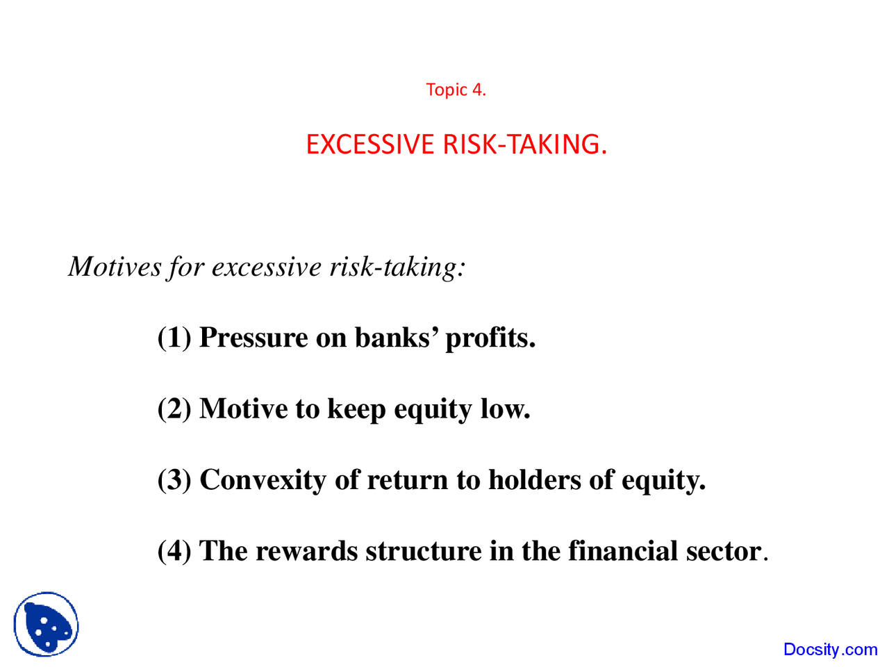 Excessive Risk Taking Banking Lecture Slides Docsity