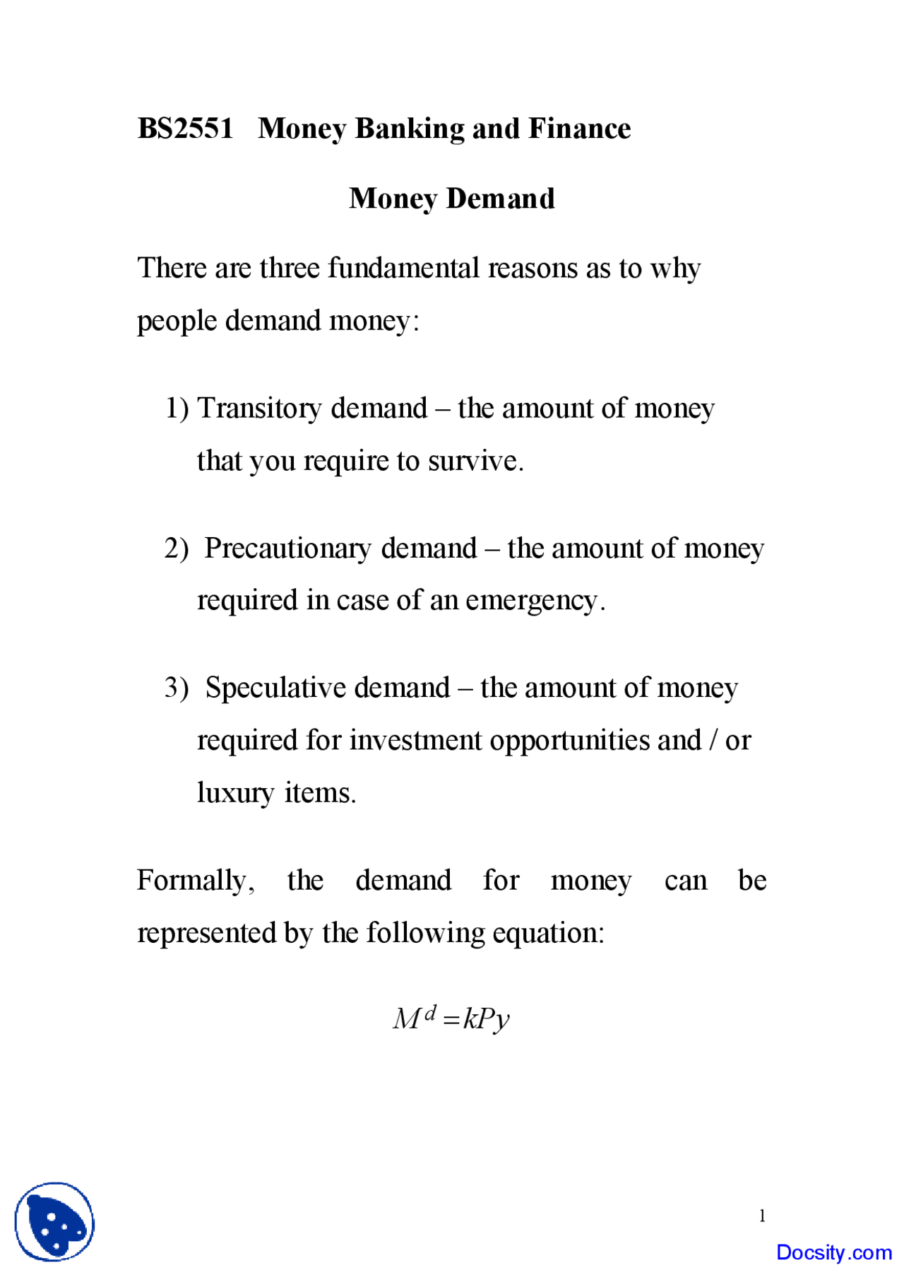 Money Demand Banking Lecture Slides Docsity