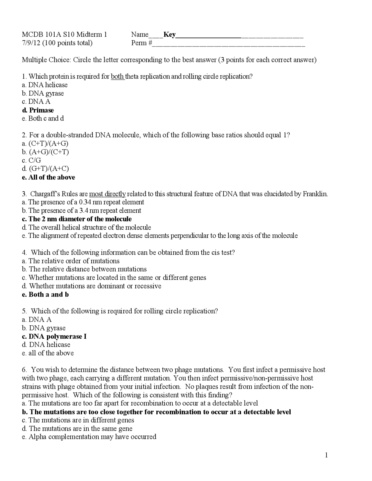 Solved MCQs on the DNA Replication - Midterm Exam | MCDB 101A | Exams Biology | Docsity