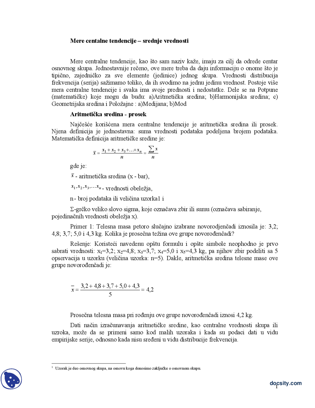 Mere centalne tendencije-Skripta-Statistika-Medicina | Rezime' predlog Osnovi statistike - Docsity