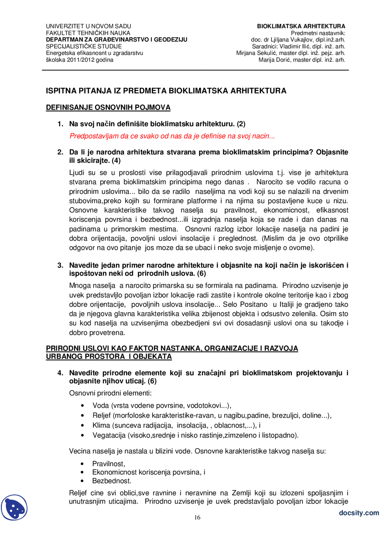 Ispitna pitanja-Ispit-Bioklimatska arhitektura-Arhitektura | Ispiti' predlog Arhitektura - Docsity