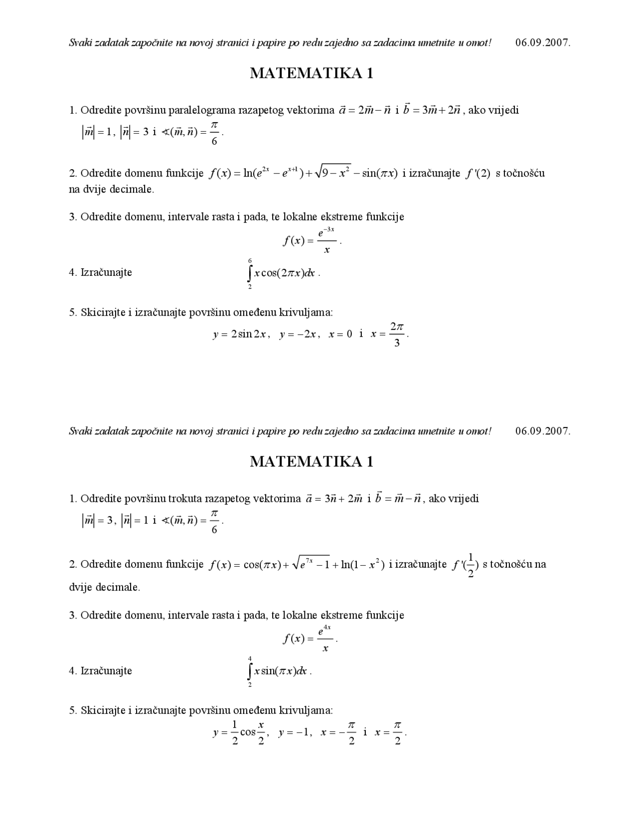 Pismeni ispit-Ispit-Matematika 1-Saobracajni fakultet (1) | Ispiti' predlog Matematika - Docsity