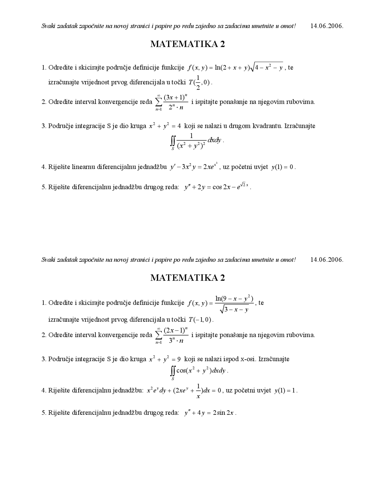 Pismeni ispit-Ispit-Matematika 2-Saobracajni fakultet (3) | Ispiti' predlog Matematika - Docsity