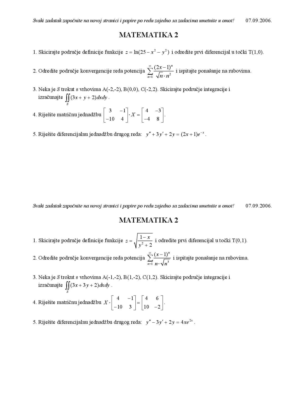Pismeni ispit-Ispit-Matematika 2-Saobracajni fakultet (1) | Ispiti' predlog Matematika - Docsity
