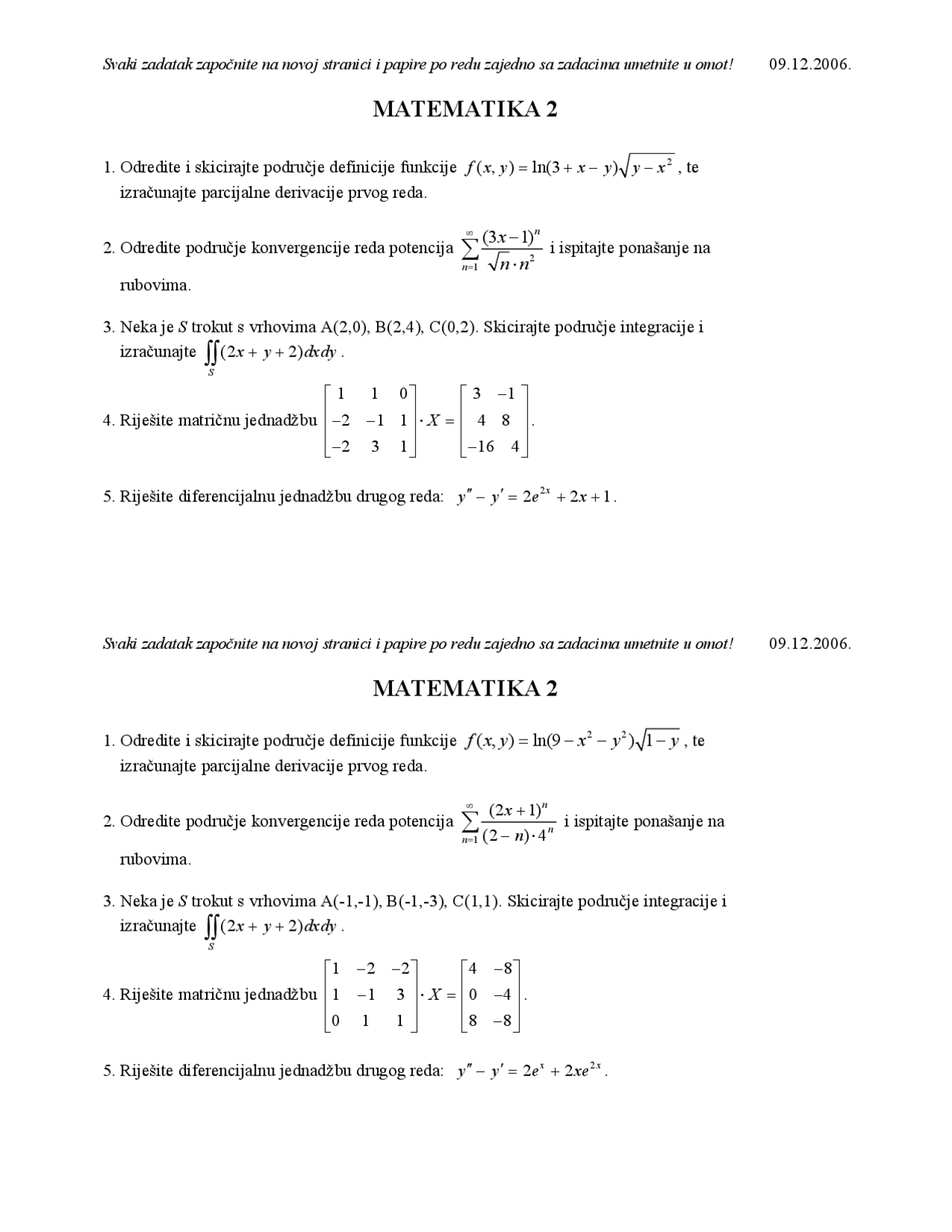 Pismeni ispit-Ispit-Matematika 2-Saobracajni fakultet (2) | Ispiti' predlog Matematika - Docsity