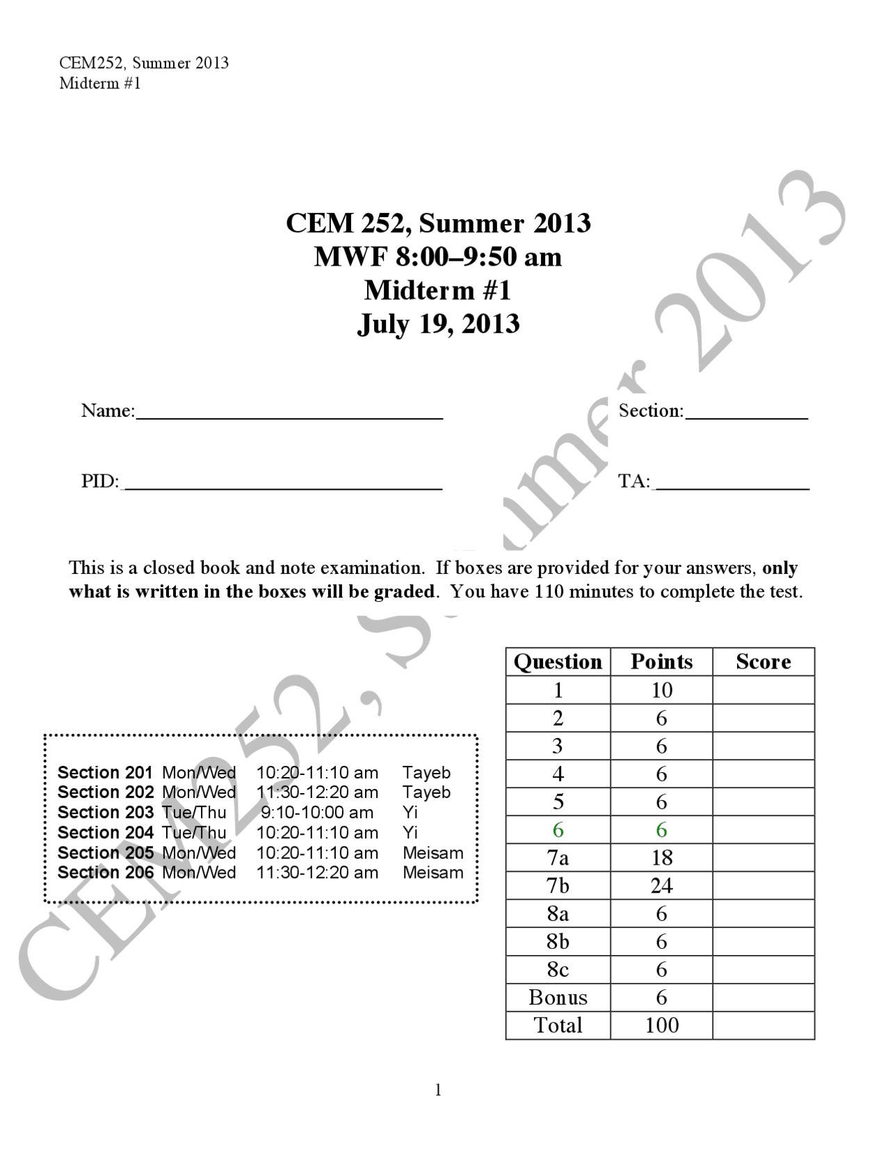Midterm Exam 1 For Organic Chemistry Ii Cem 252 Docsity