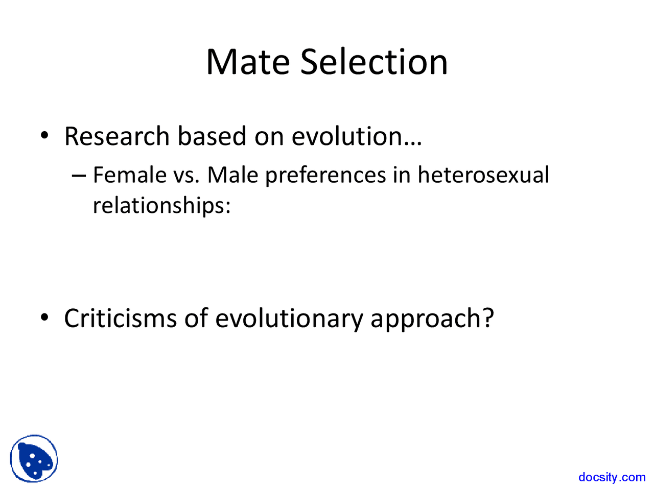 Mate Selection - Lecture Slides - Social Psychology - Docsity