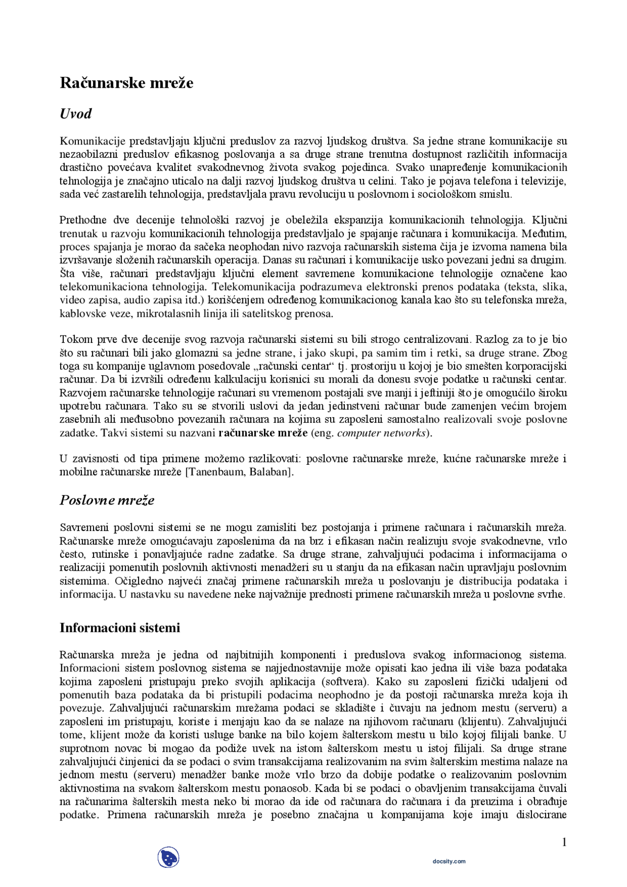 Racunarske mreze - Skripta-Ekonomija | Rezime' predlog Računarske mreže i telekomunikacije - Docsity