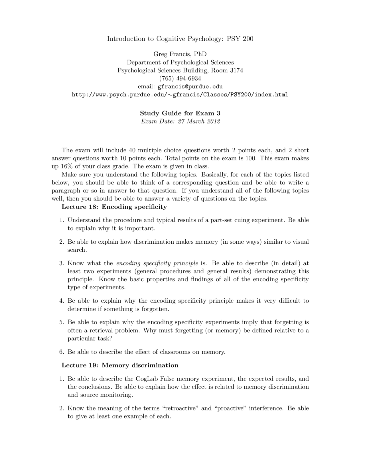 Encoding Specificity - Introduction to Cognitive Psychology - Handout | Exercises Cognitive ...