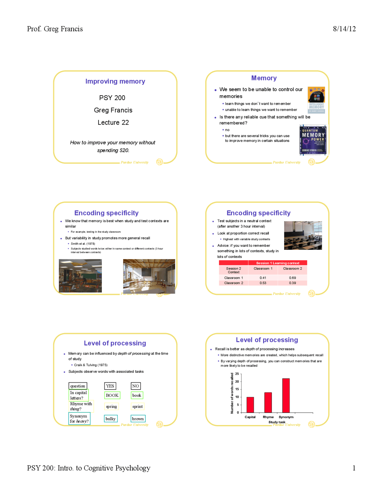 Improving Memory Introduction To Cognitive Psychology Lecture