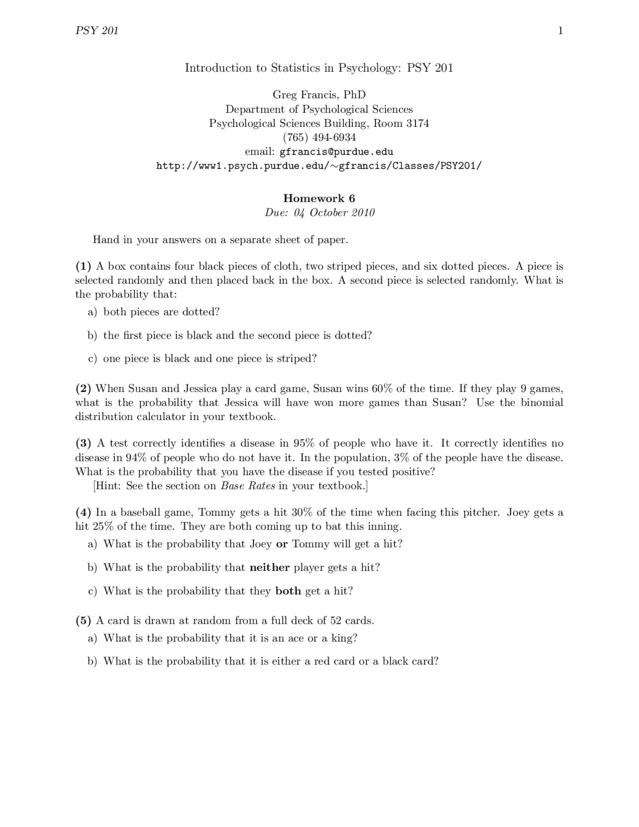 Probability - Introduction to Statistics in Psychology - Homework - Docsity
