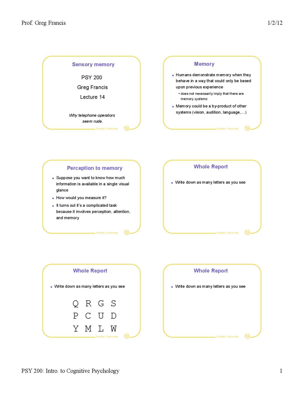 Sensory Memory Introduction To Cognitive Psychology Lecture Slides
