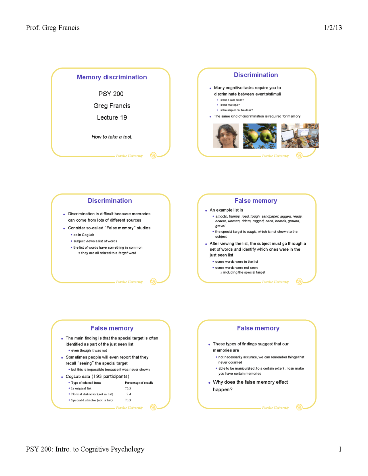 Memory Discrimination - Introduction to Cognitive Psychology - Lecture Slides - Docsity