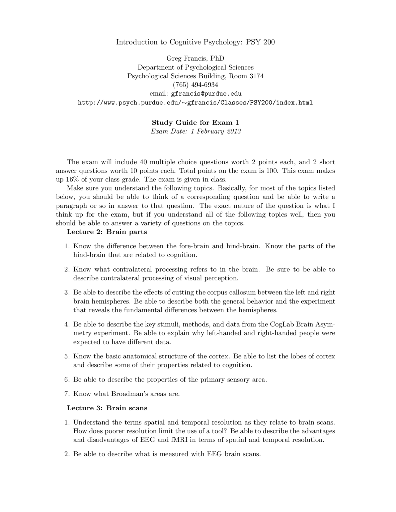 Brain Introduction To Cognitive Psychology Handout Docsity