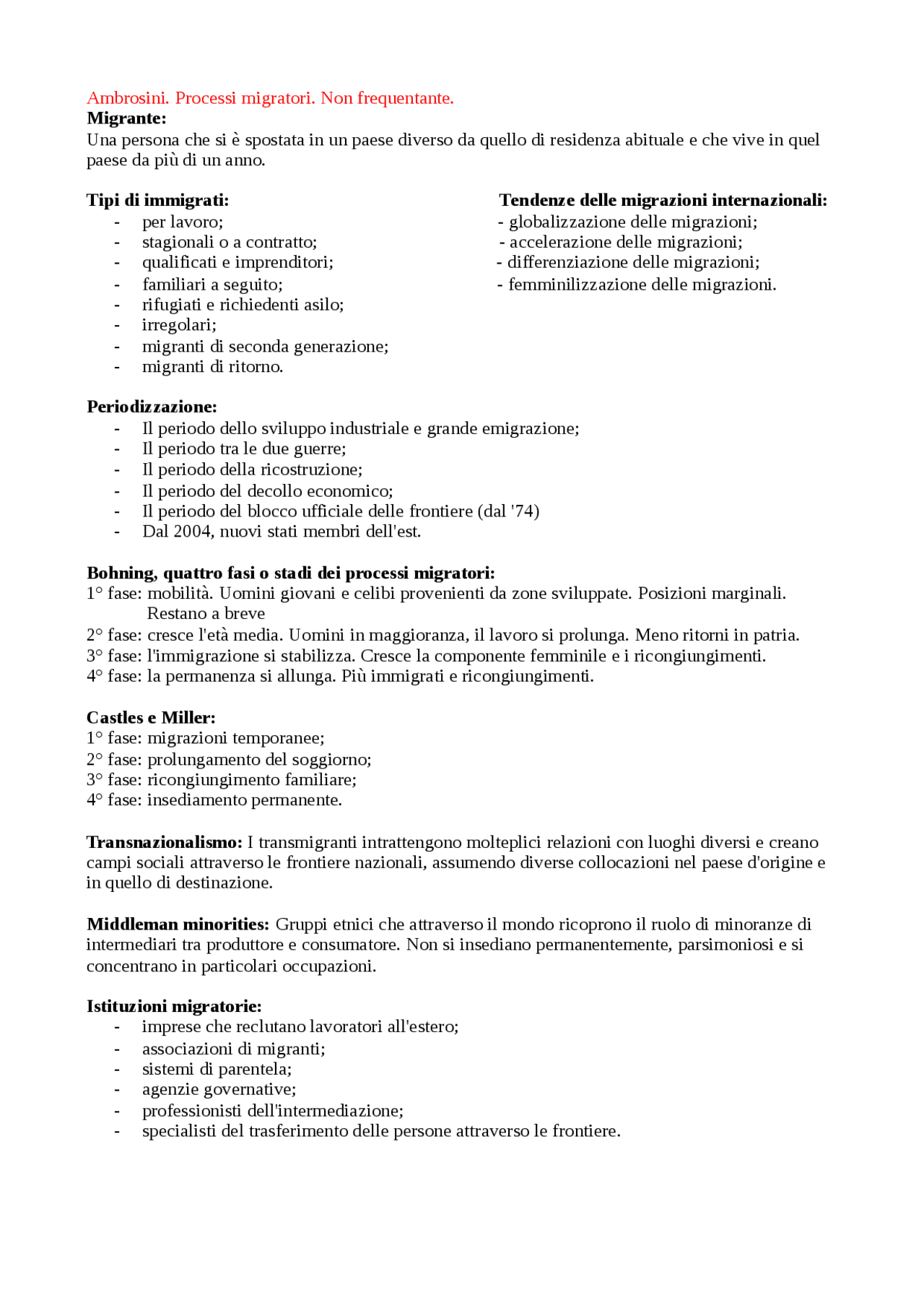 Processi Migratori Non Frequentante Docsity