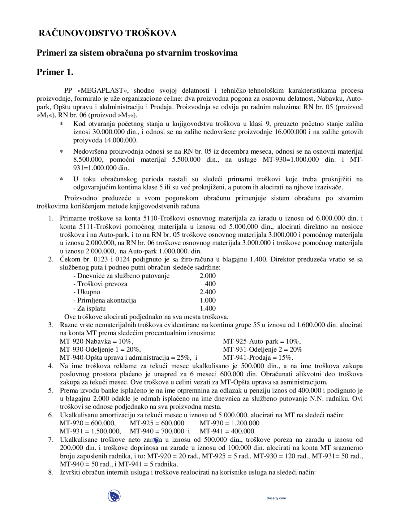 Primeri za sistem obracuna po stvarnim troskovima-Skripta-Racunovodstvo troskova-Ekonomija ...