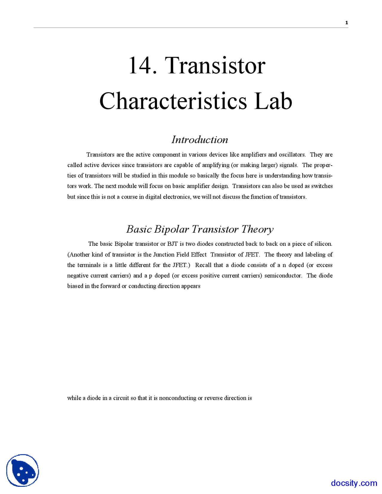 Transistor Characteristics Electronics Lab Handout Exercises