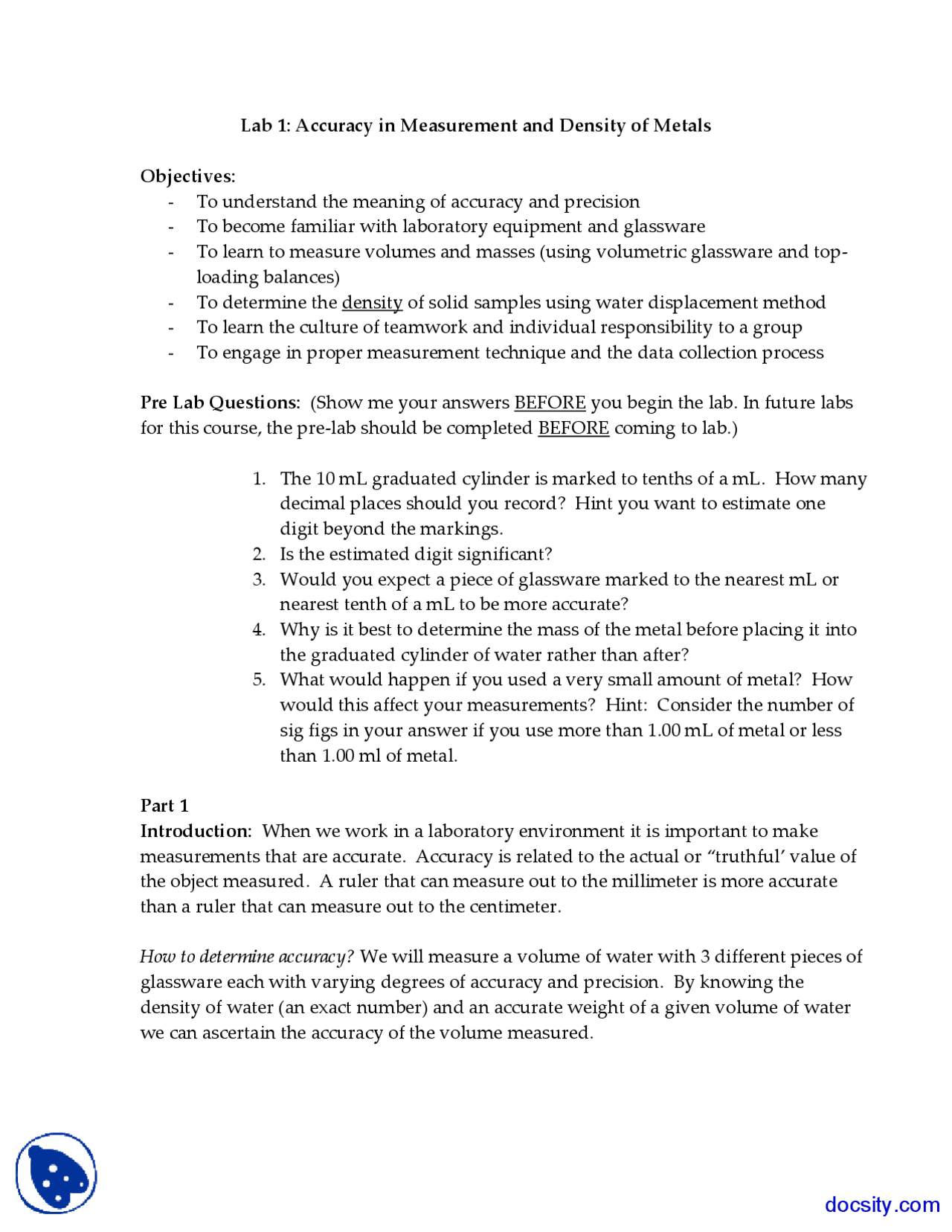 Accuracy and Density - General Chemistry - Lab Handout | Exercises ...