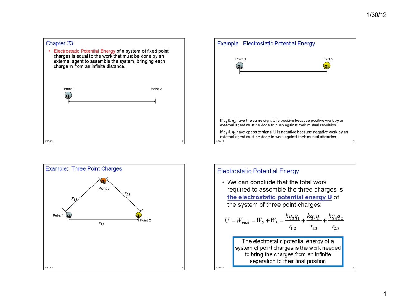 Electrostatic Potential Energy - Electricity and Optics - Lecture Slides - Docsity