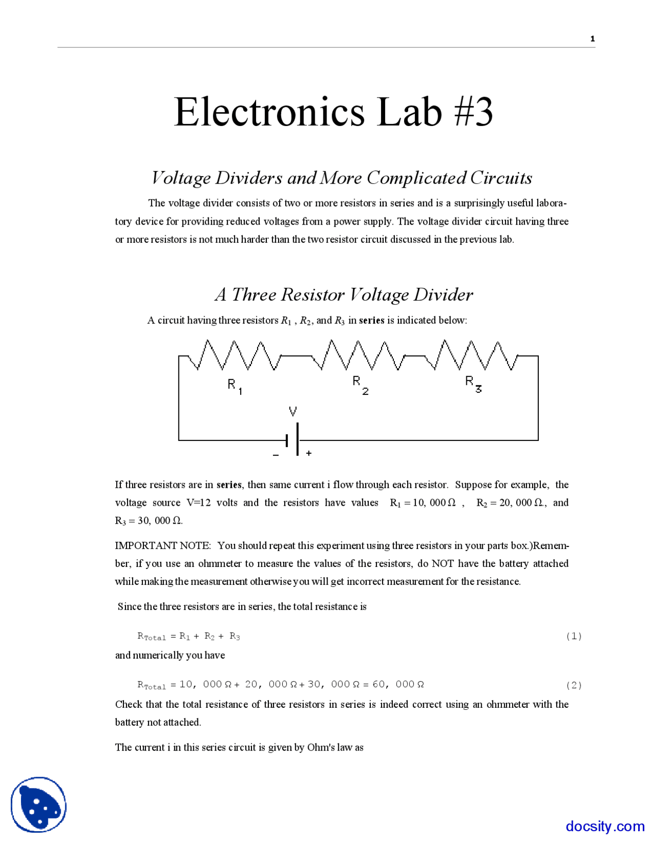 Voltage Dividers - Electronics - Lab Handout - Docsity