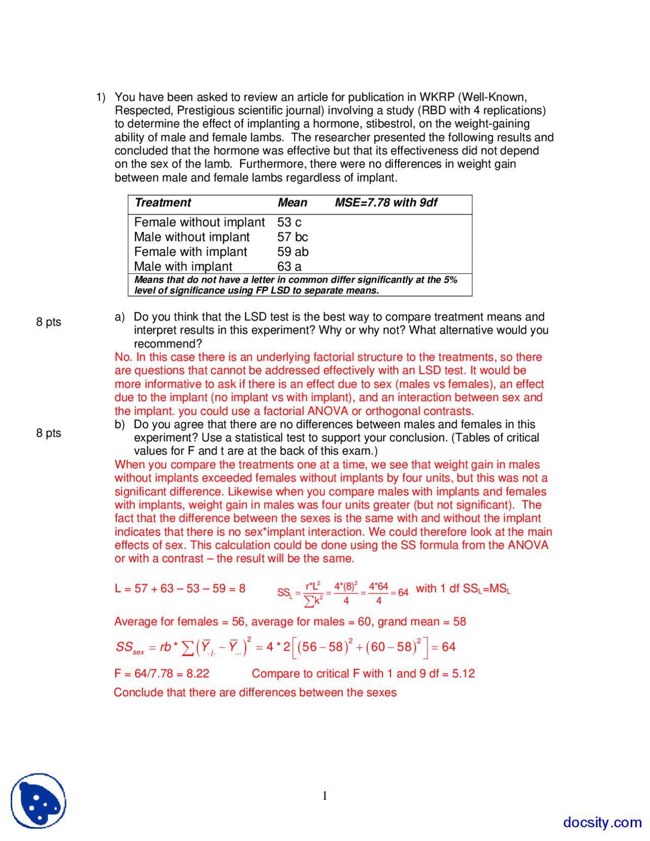 LSD Test - Experimental Design in Agriculture - Solved Past Exam - Docsity