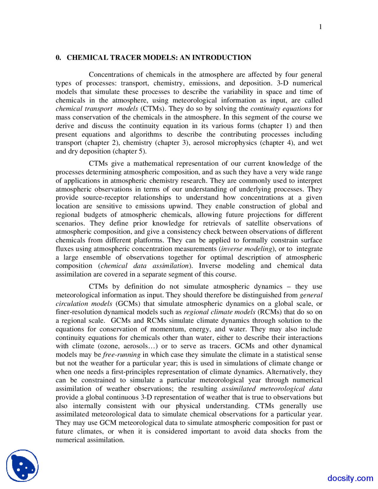 Chemical Tracer Models - Atmospheric Chemistry - Lecture Notes | Study ...