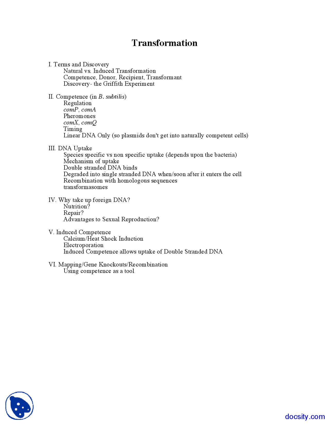 Transformation Microbial Genetics Lecture Notes Docsity