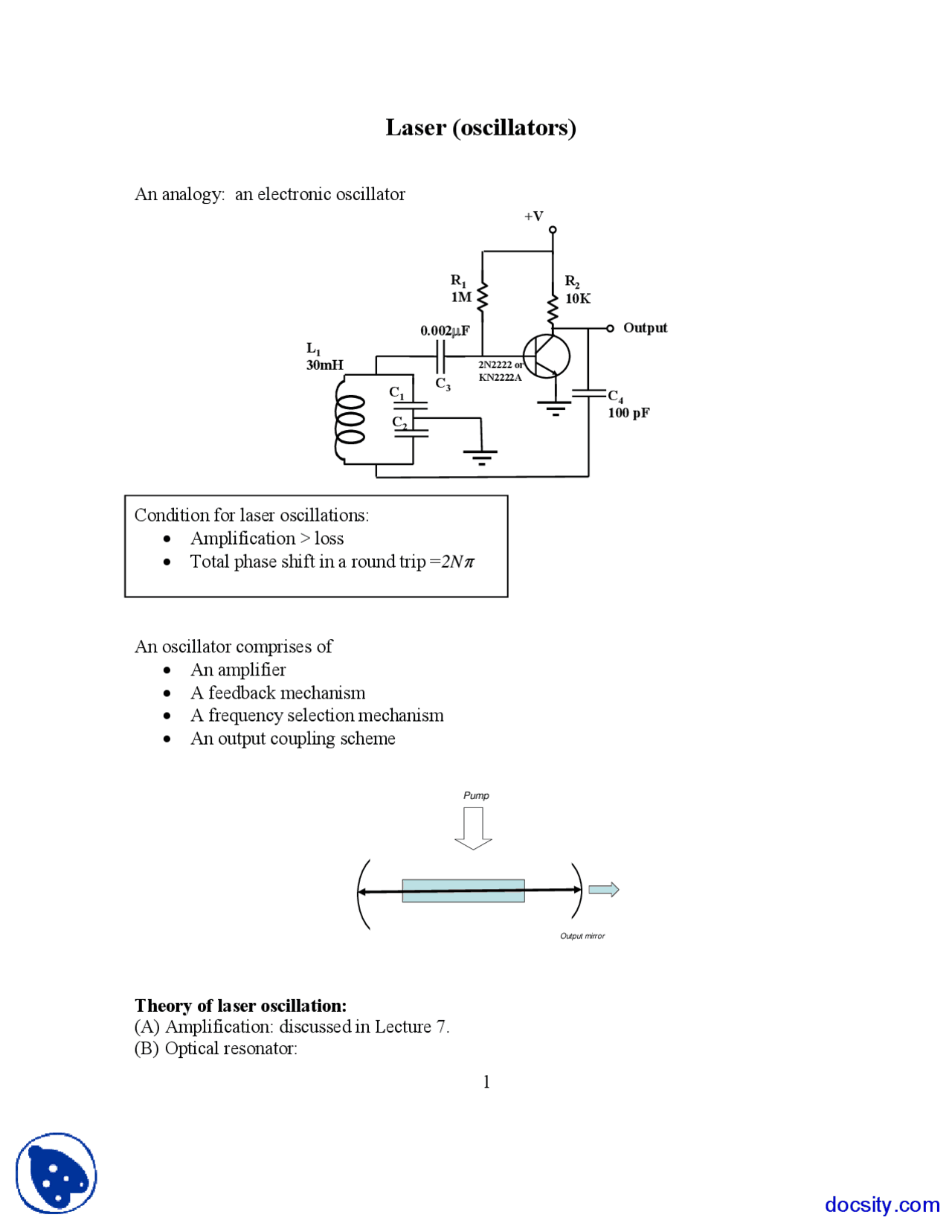 Lasers Quantum Electronics Lecture Notes Docsity