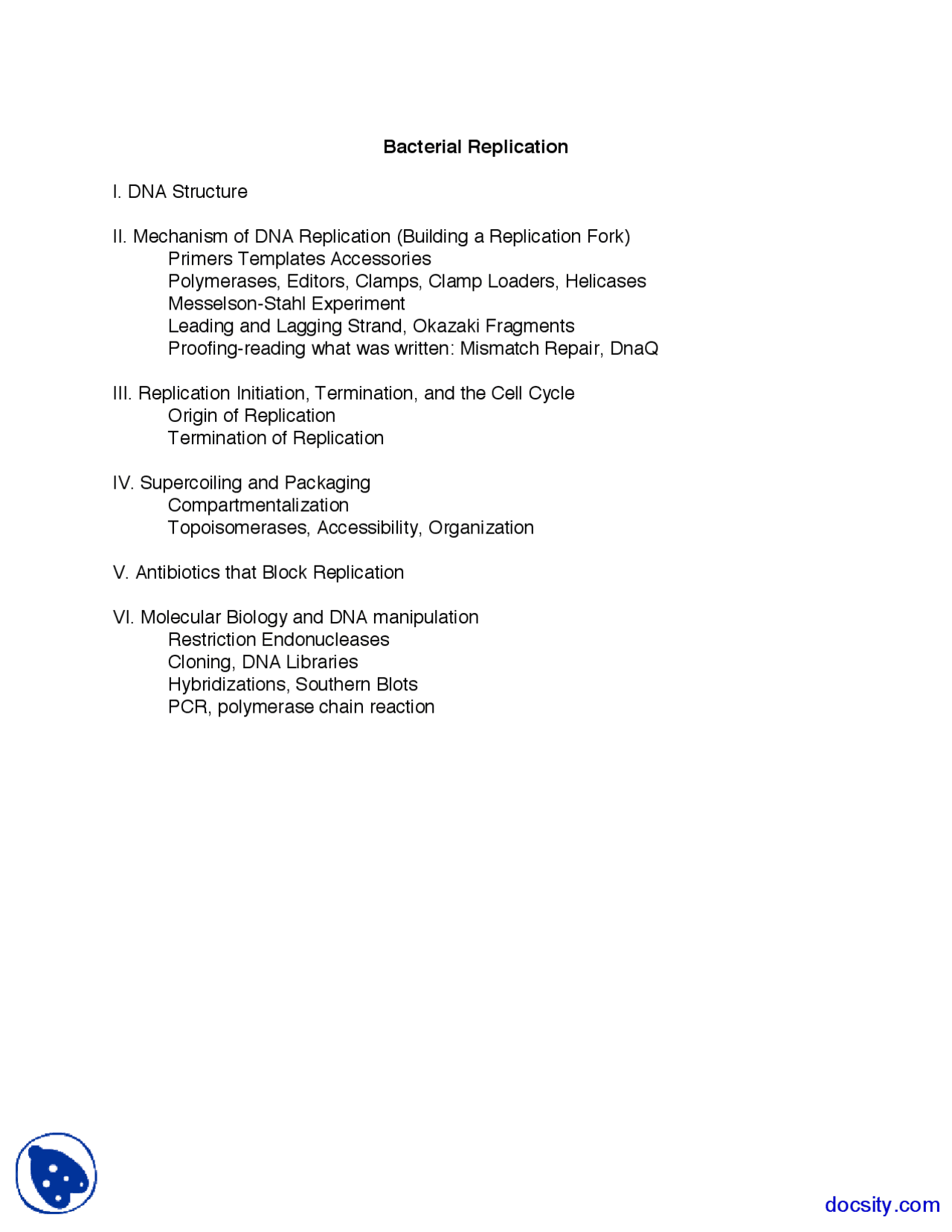 Replication - Microbial Genetics - Lecture Notes - Docsity