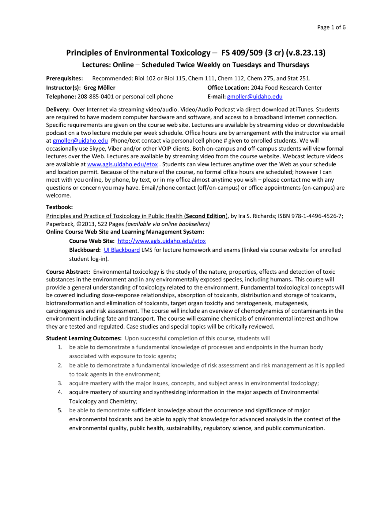 Syllabus Principles Of Environmental Toxicology Fs 409 Docsity