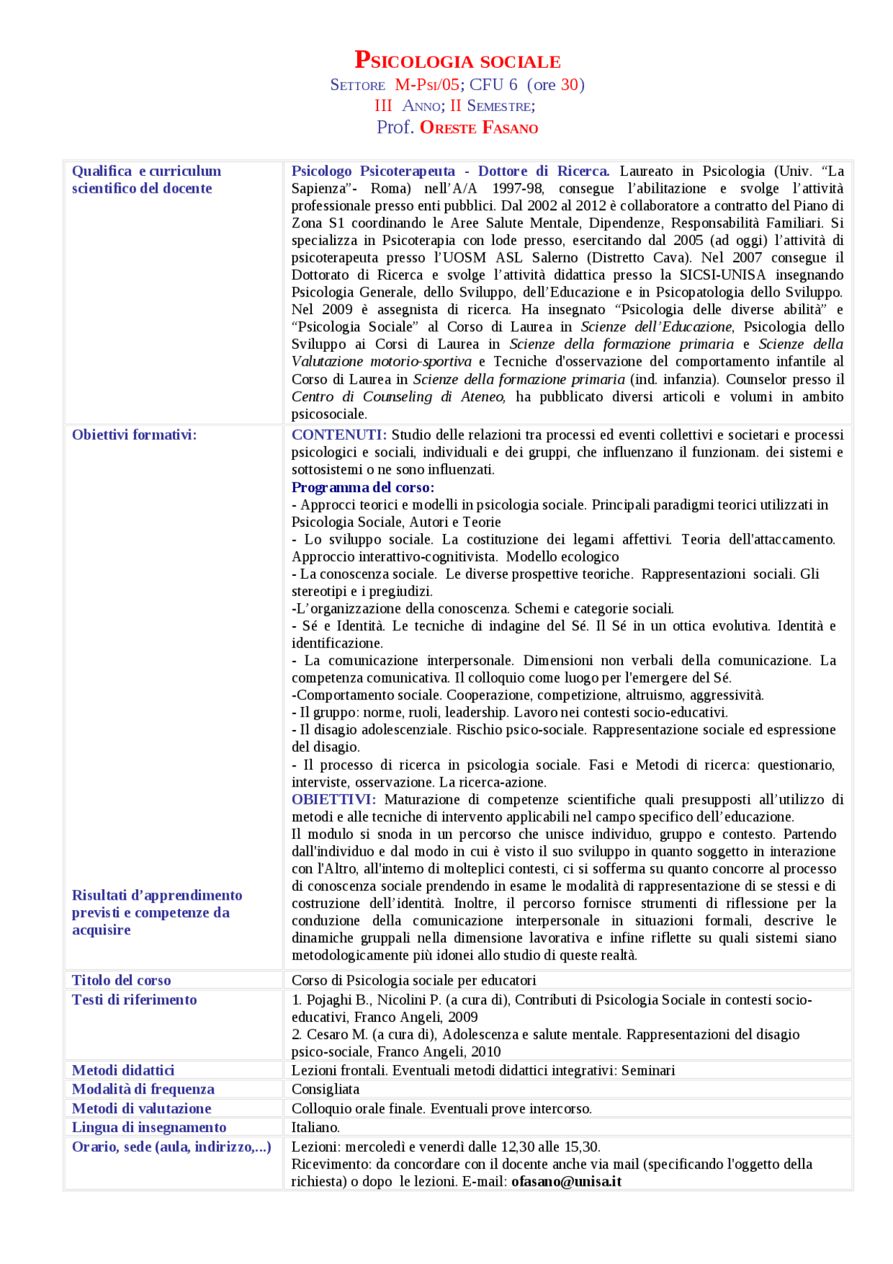 Fasano Programma E Informazioni Psicologia Sociale Scienze Dell