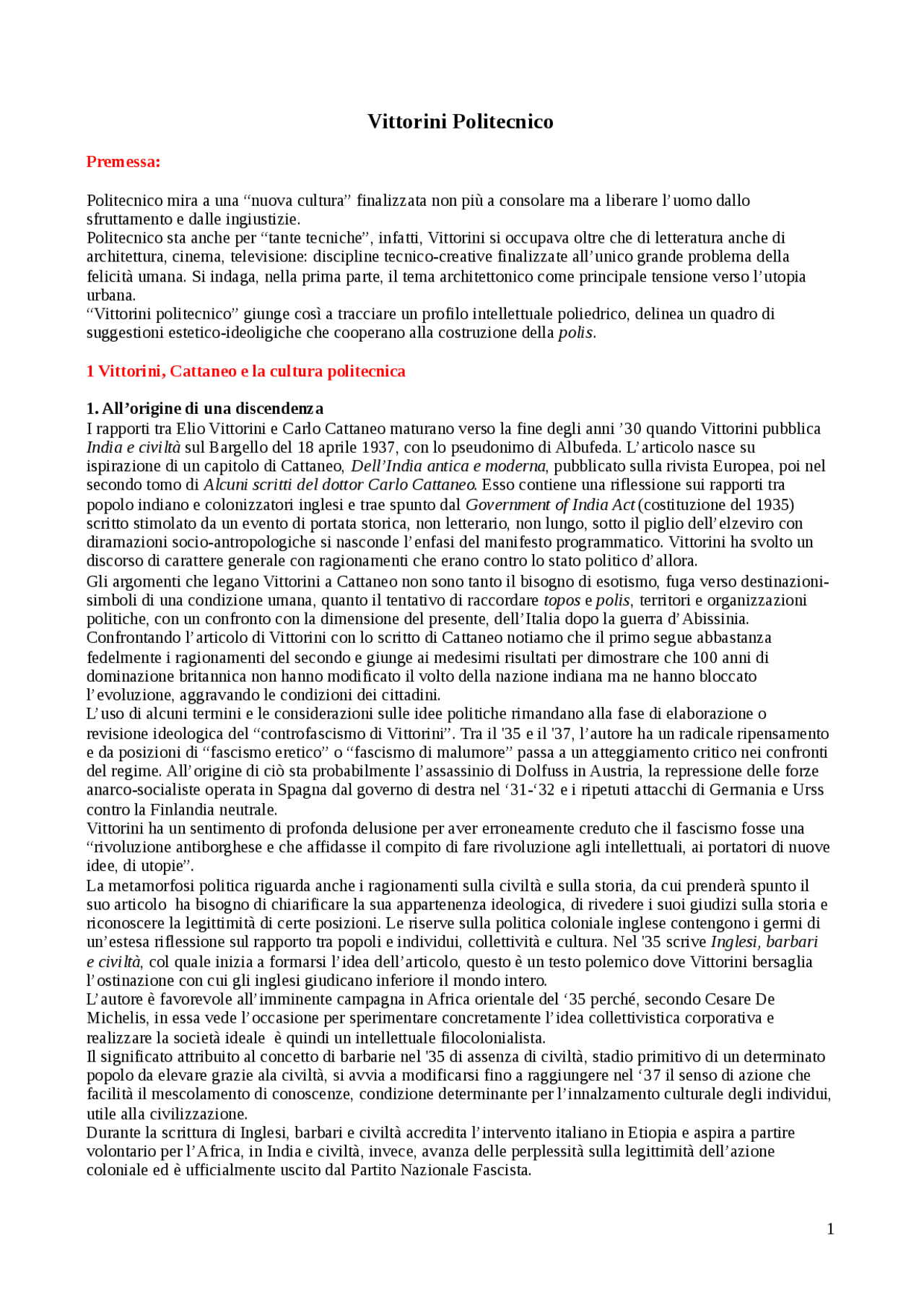 Vittorini Politecnico Riassunto Docsity
