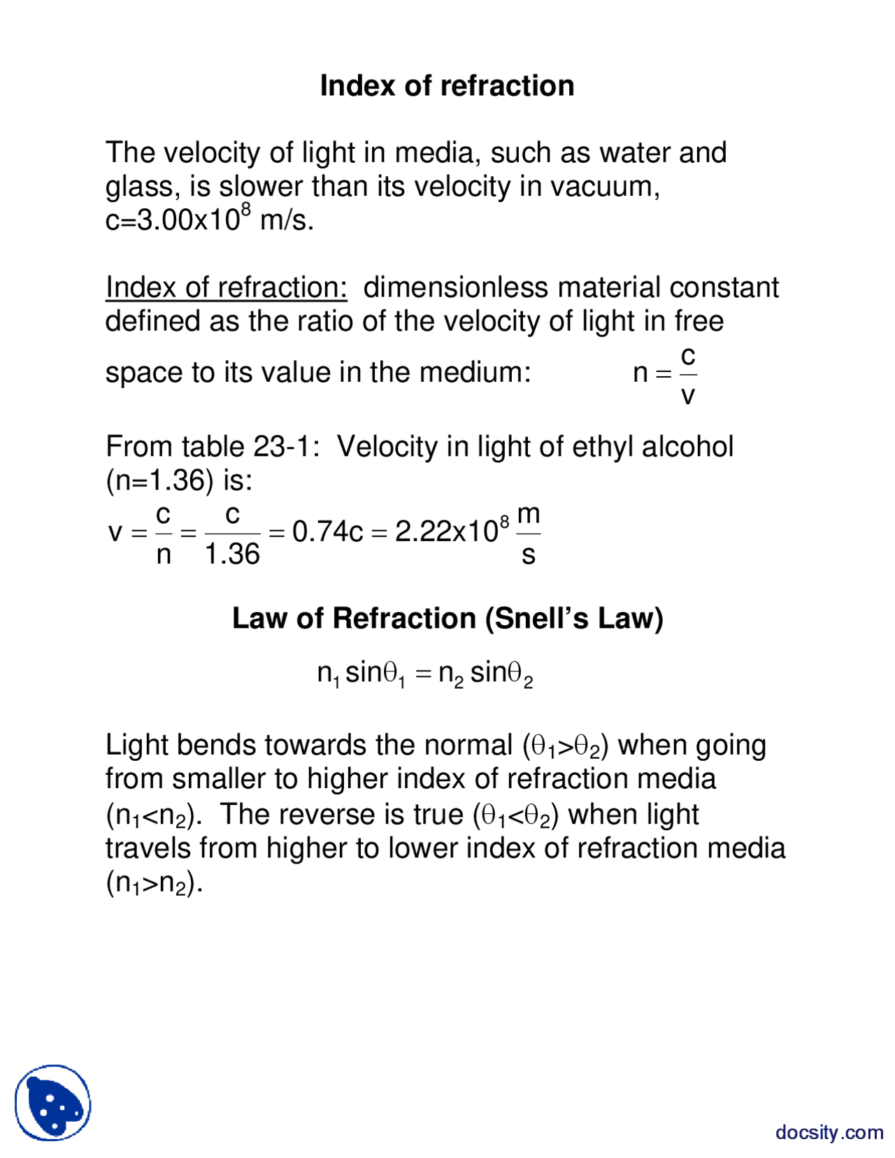Index of Refraction - General Physics - Lecture Notes - Docsity