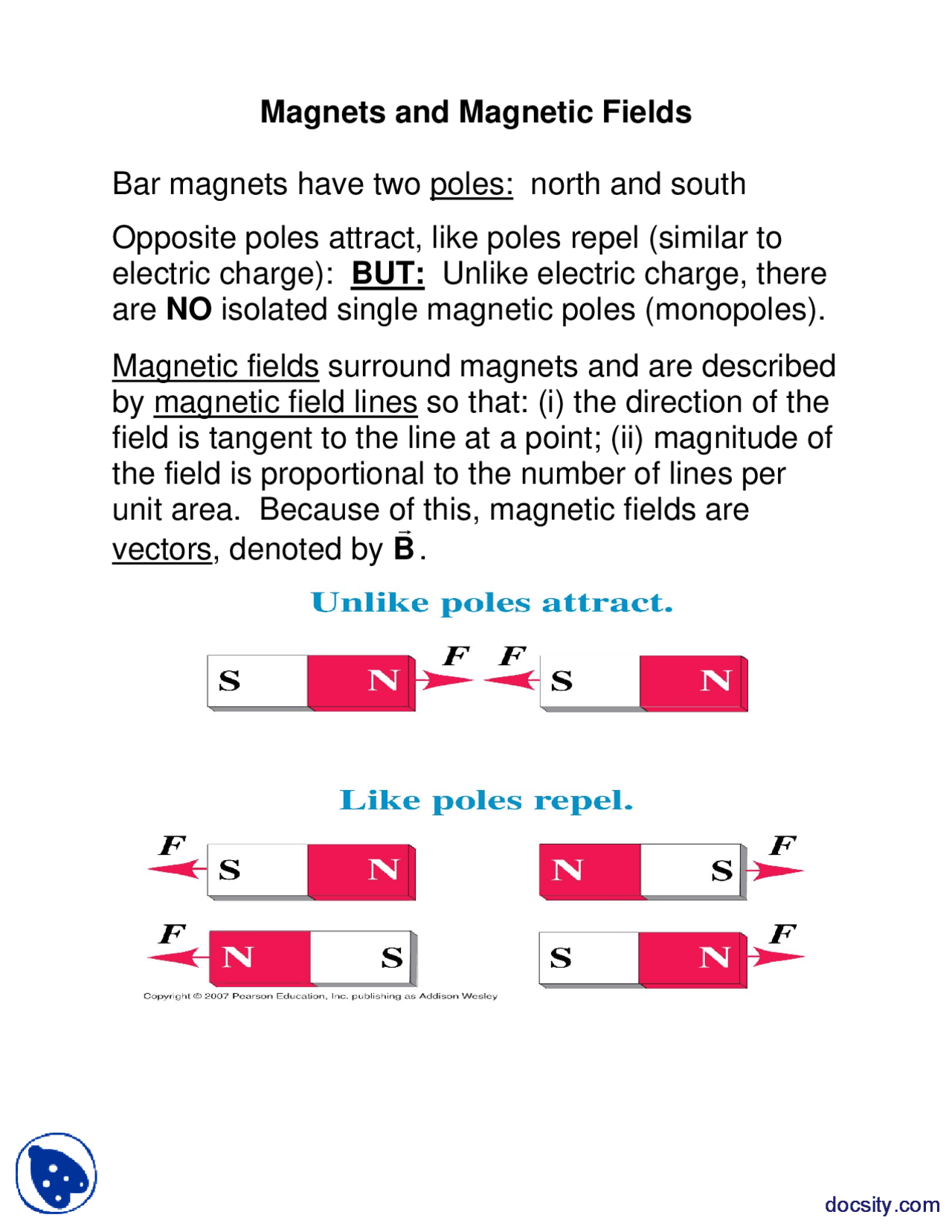 Magnets And Magnetic Fields General Physics Lecture Notes Docsity