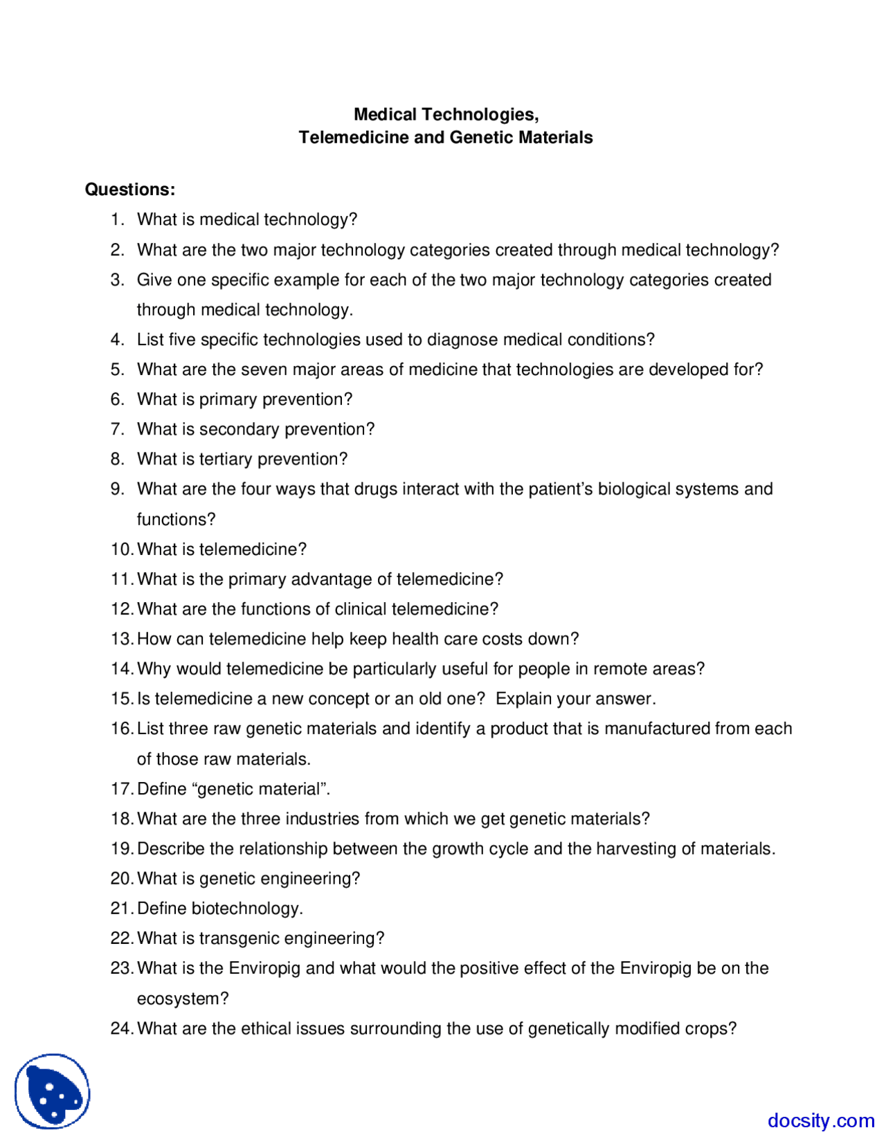 Medical Technologies - Foundations of Technology - Quiz - Docsity