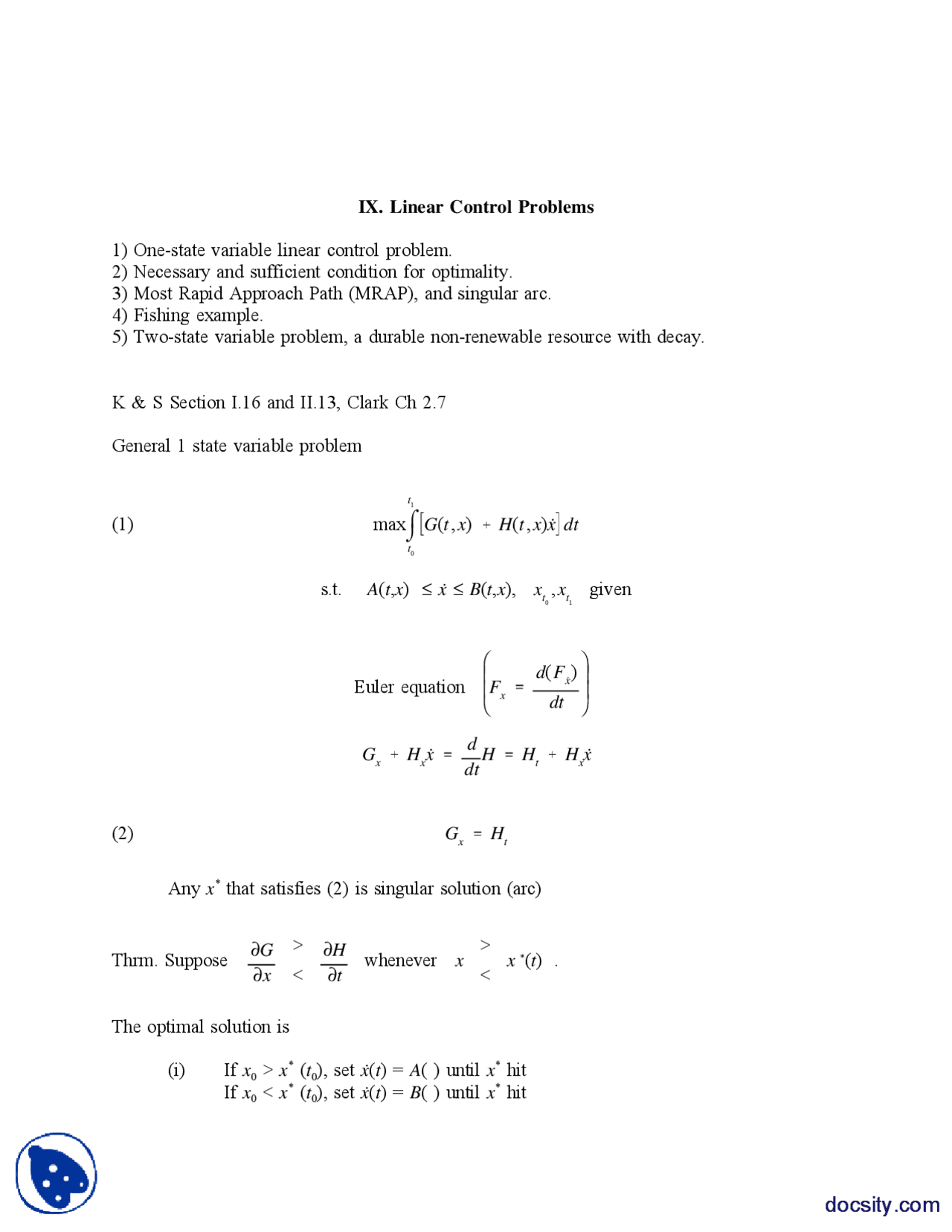 Linear Control Methods Of Dynamic Analysis And Control Lecture Notes Docsity