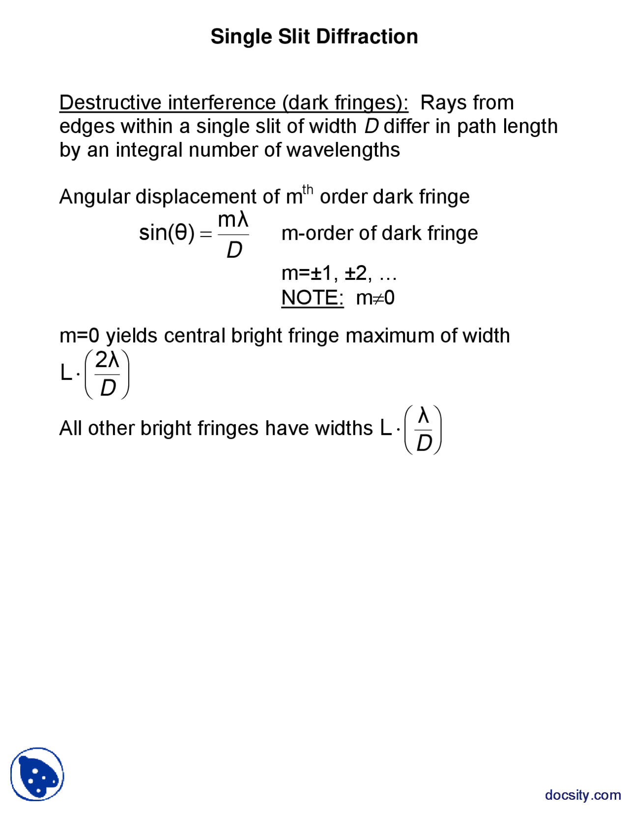 Slit Diffraction General Physics Lecture Notes Docsity