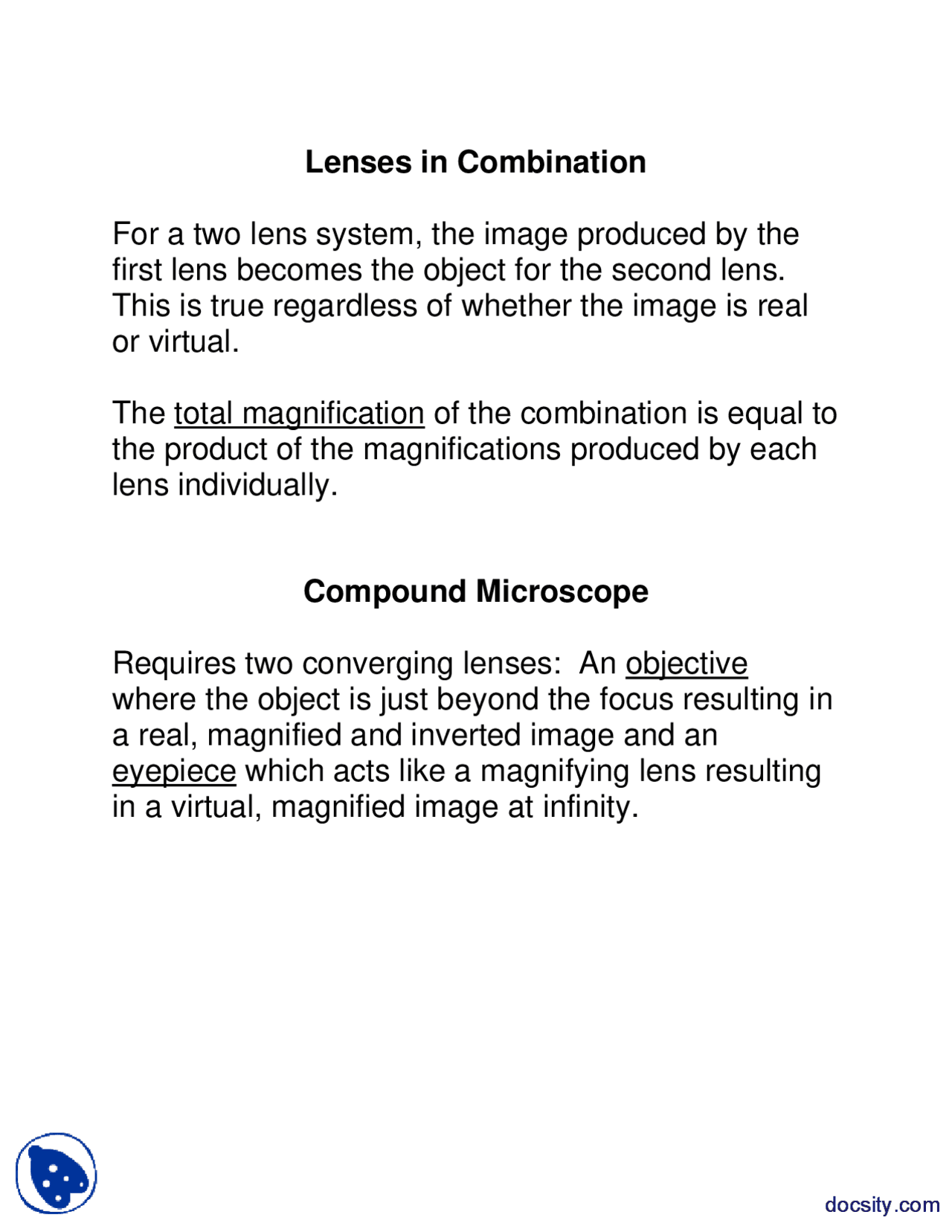 Lenses In Combination General Physics Lecture Notes Docsity