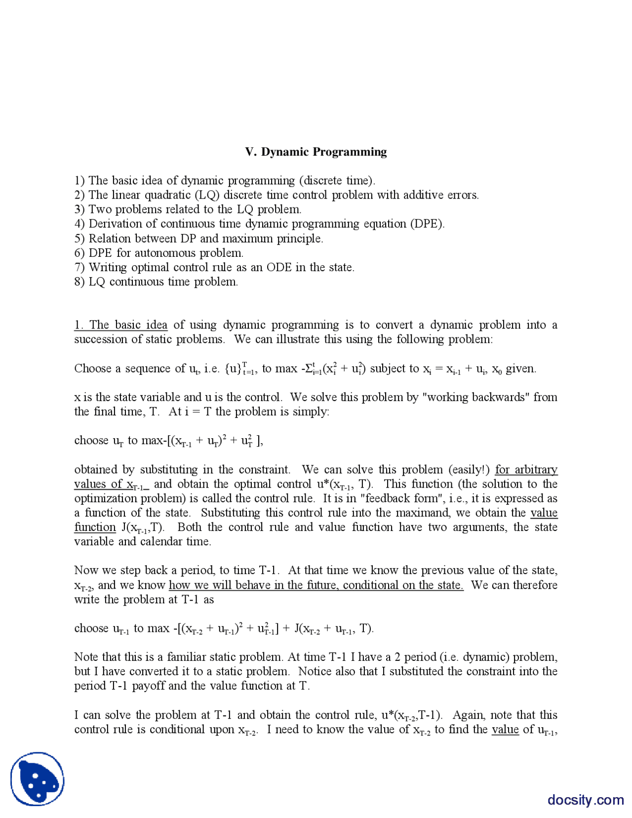 Dynamic Programming Methods Of Dynamic Analysis And Control Lecture