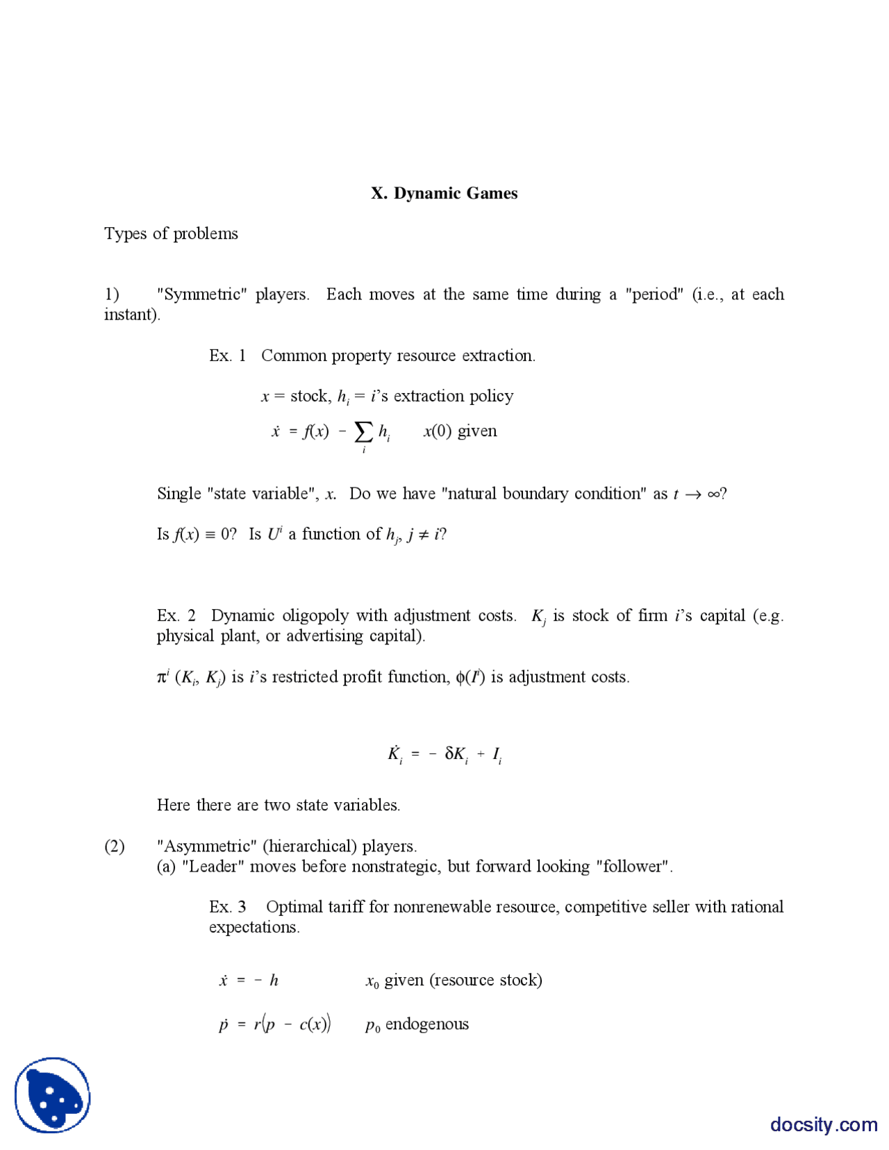 Dynamic Games Methods Of Dynamic Analysis And Control Lecture Notes Docsity