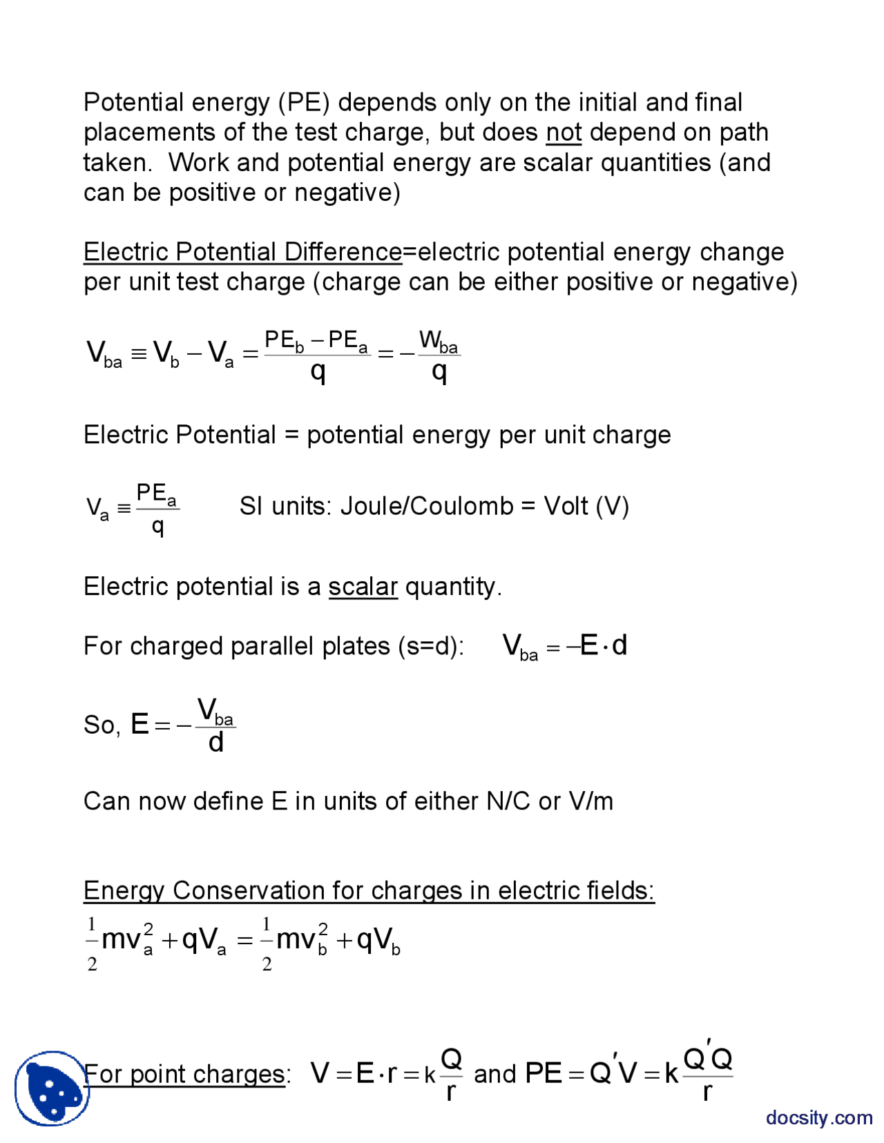 Potential Energy General Physics Lecture Notes Docsity