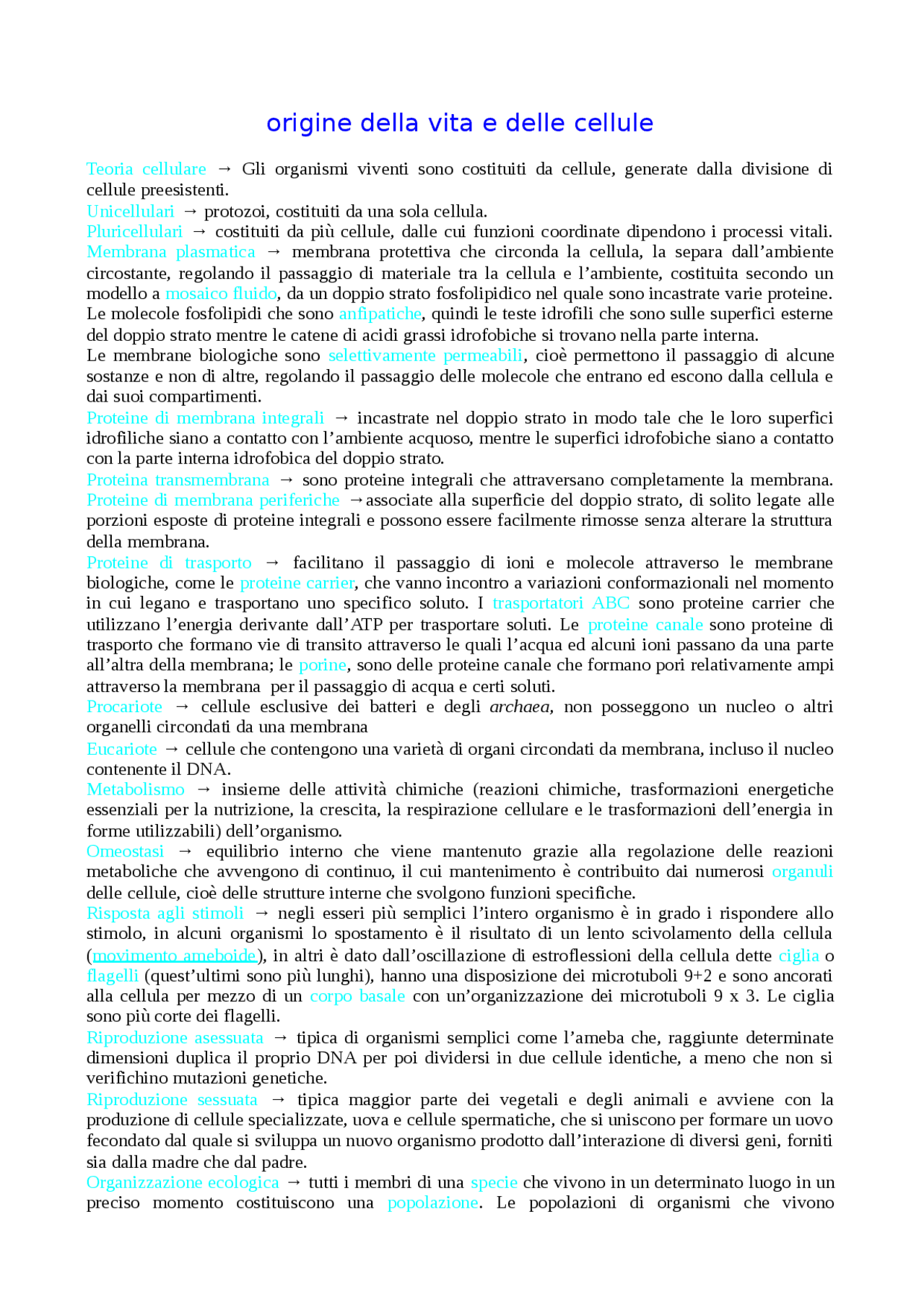 Biologia Generale Parole Chiave Docsity