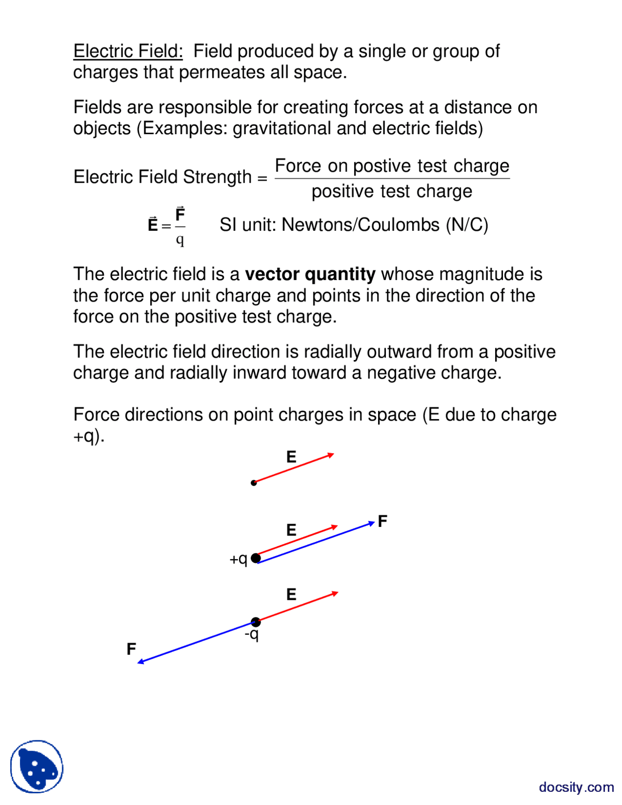 Electric Field General Physics Lecture Notes Docsity