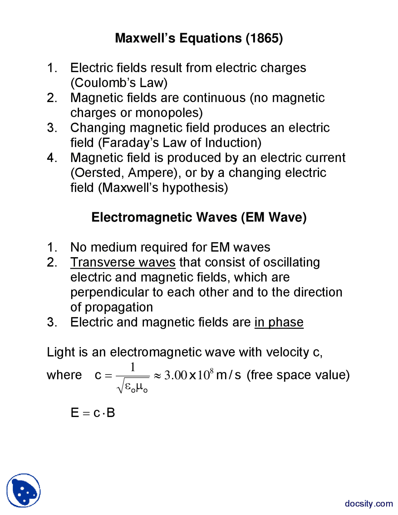 Maxwell’s Equations - General Physics - Lecture Notes - Docsity