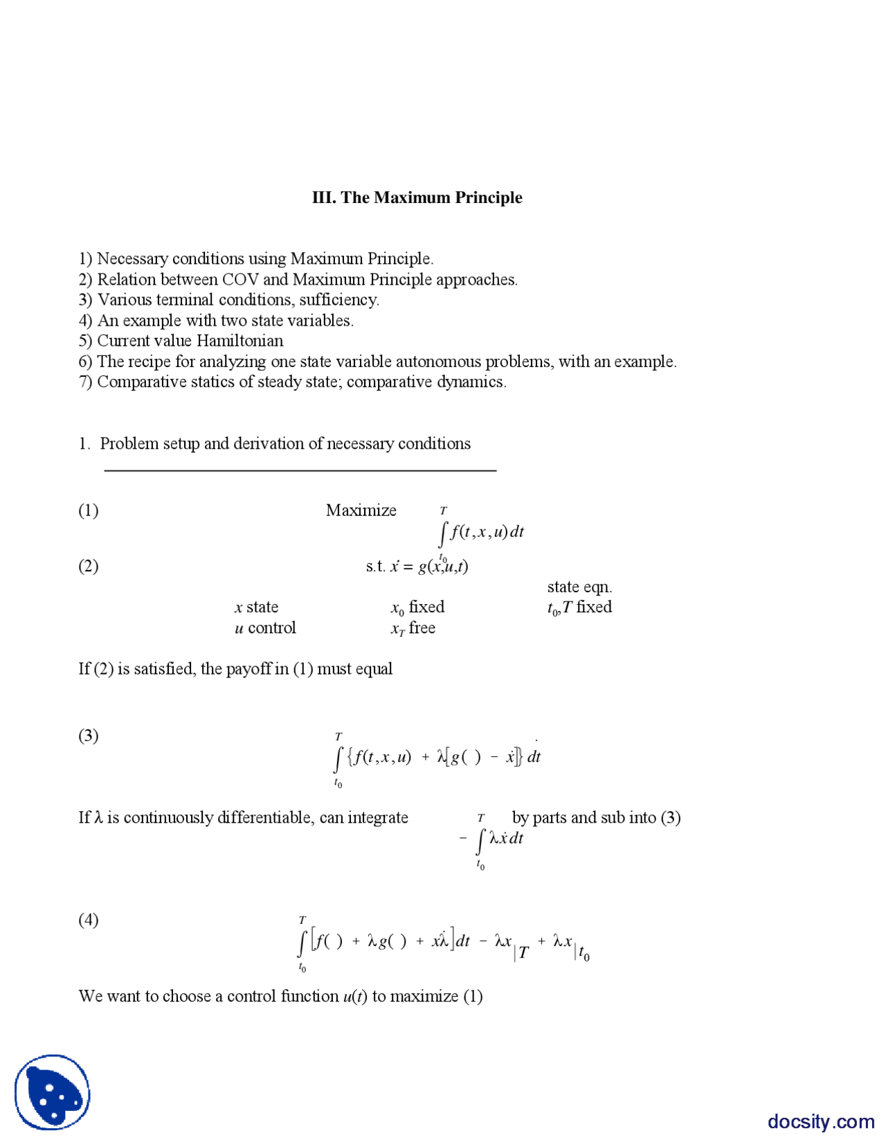 Maximum Principle Methods Of Dynamic Analysis And Control Lecture Notes Docsity