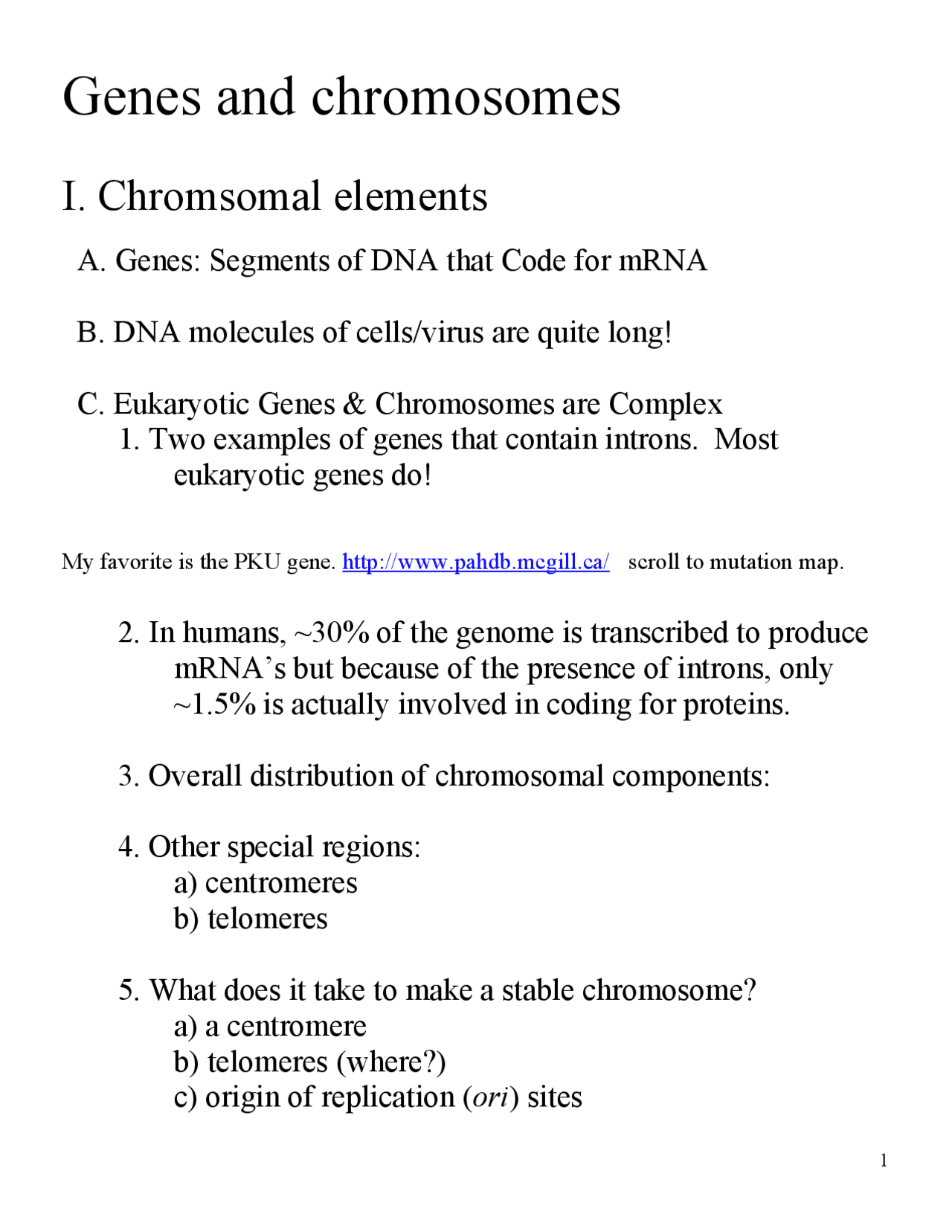 Genes And Chromosomes Biochemistry Lecture Handout Docsity