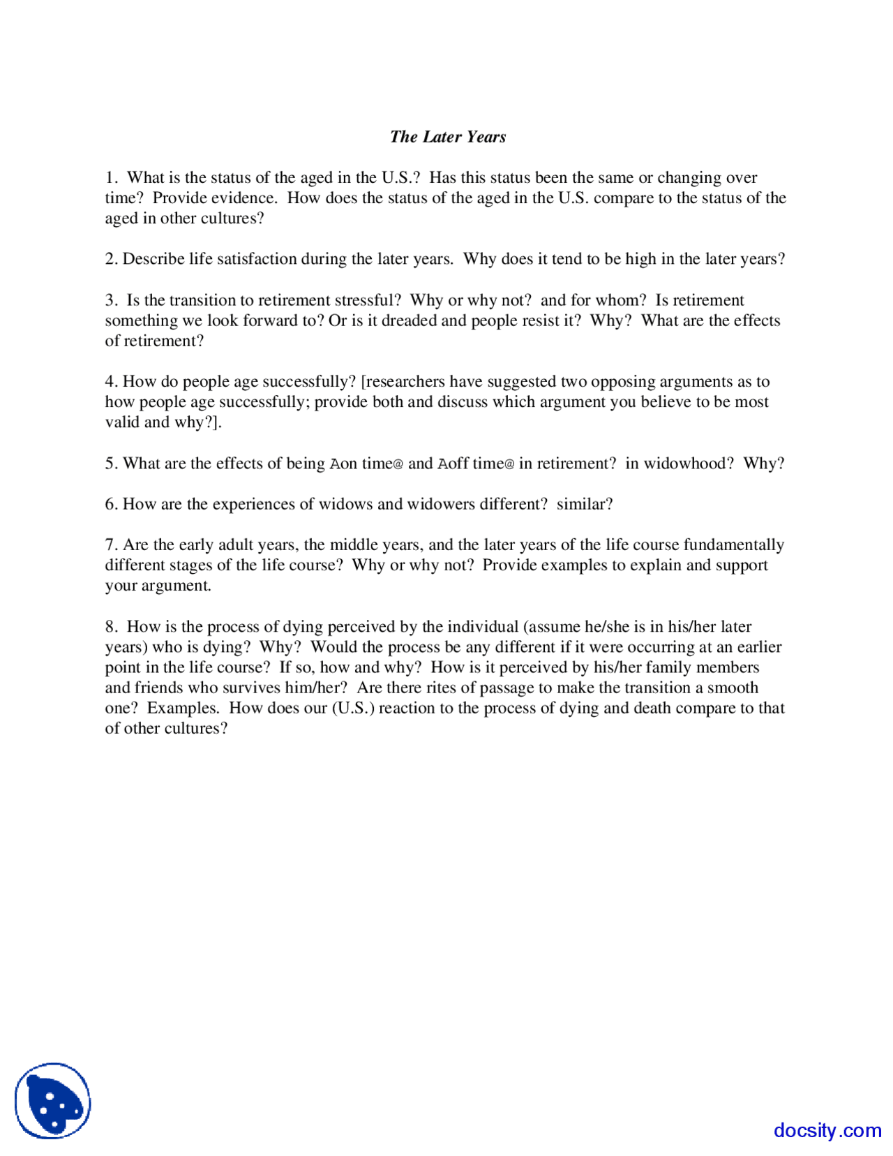 Later Years Socialization Over The Life Questions Docsity