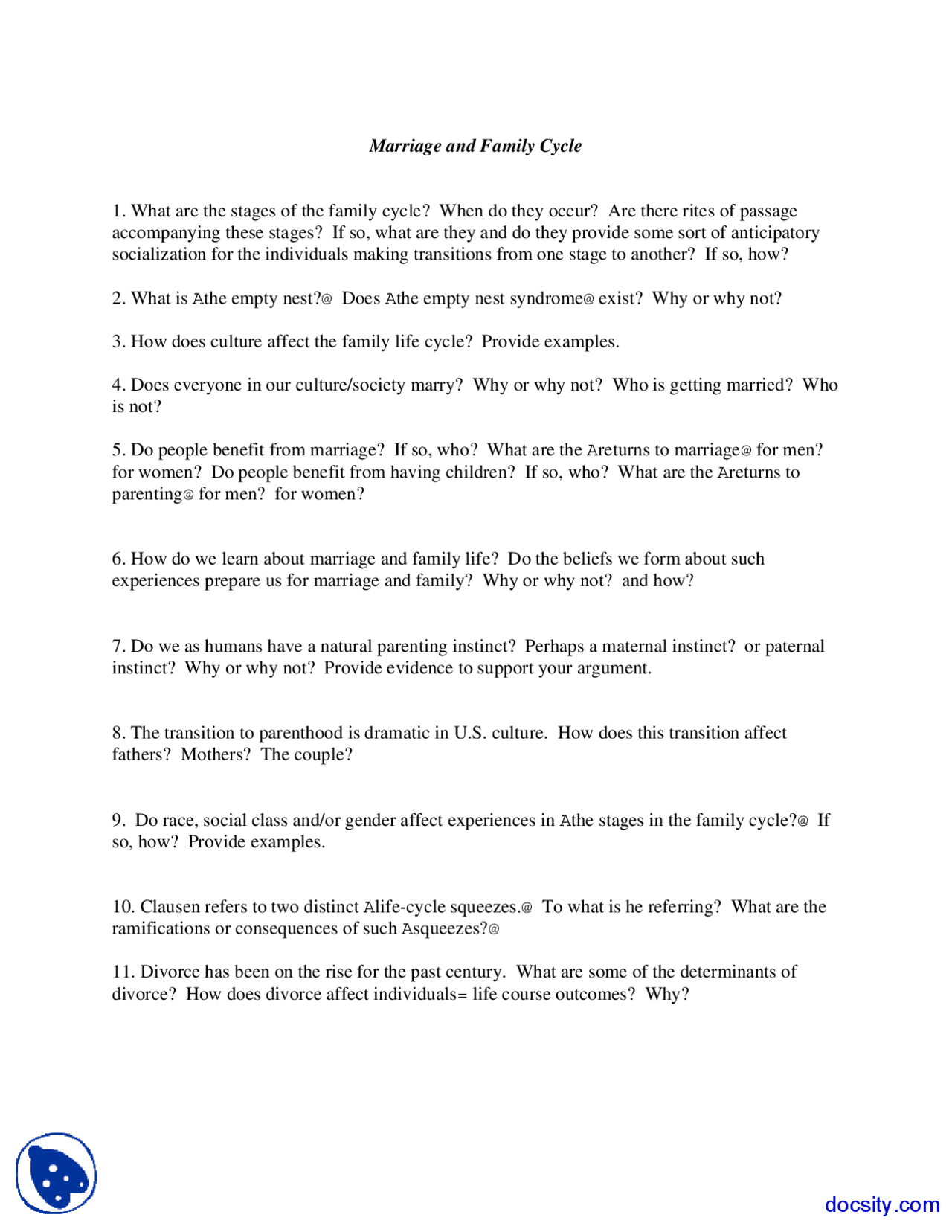 Marriage and Family Cycle - Socialization over the Life - Questions ...
