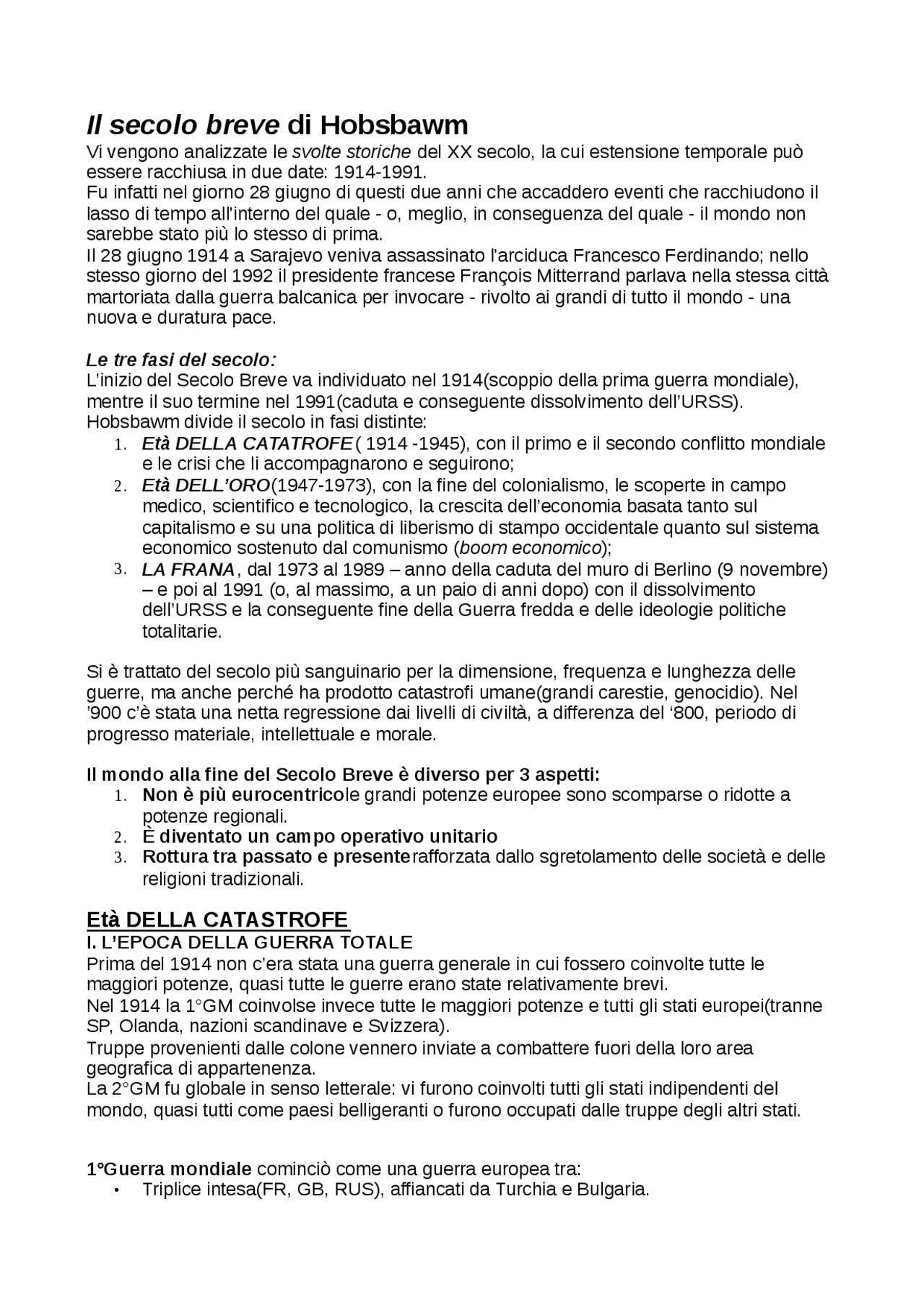 IL SECOLO BREVE | Sintesi del corso di Storia Contemporanea | Docsity