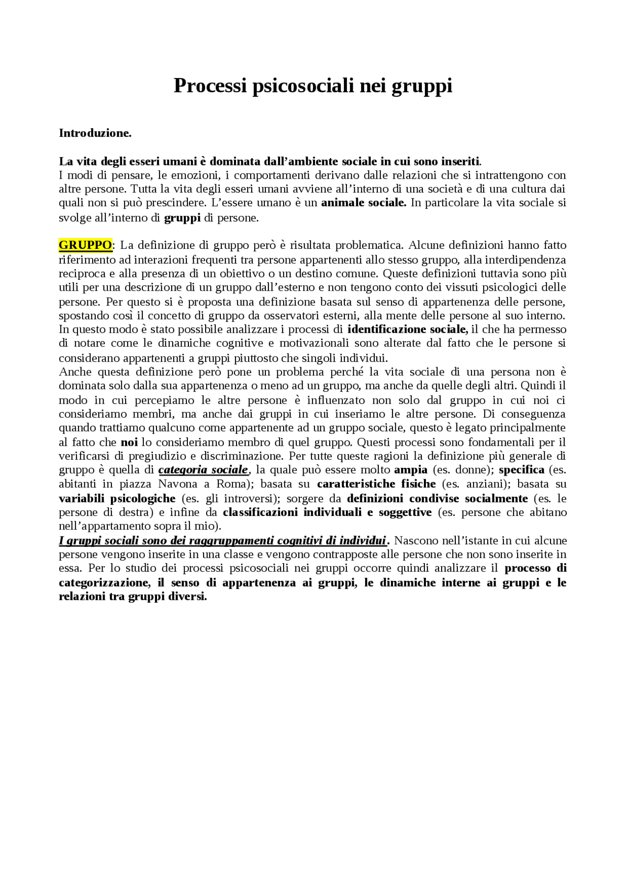 Processi Psicosociali Nei Gruppi Docsity